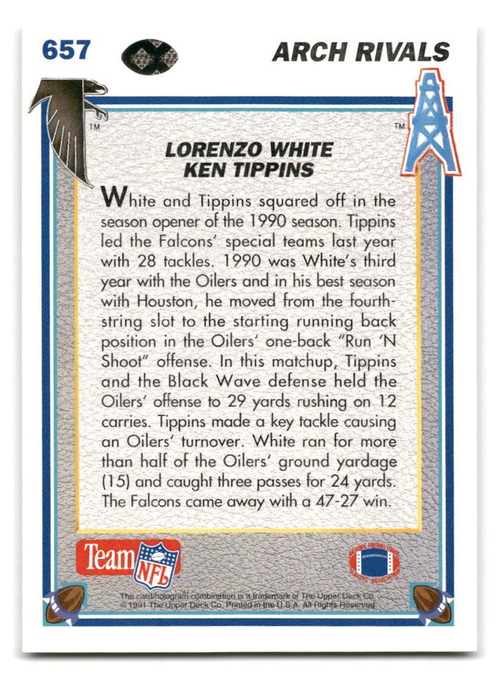 Lorenzo White Ken Tippins 1991 Upper Deck #657 Atlanta Falcons Houston ...