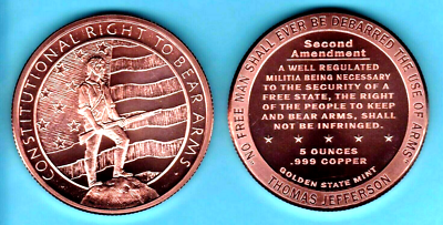 *GIFT! 5oz (2 1/2") 999 FN COPPER BULLION RD-*SECOND AMENDMENT* Design ...