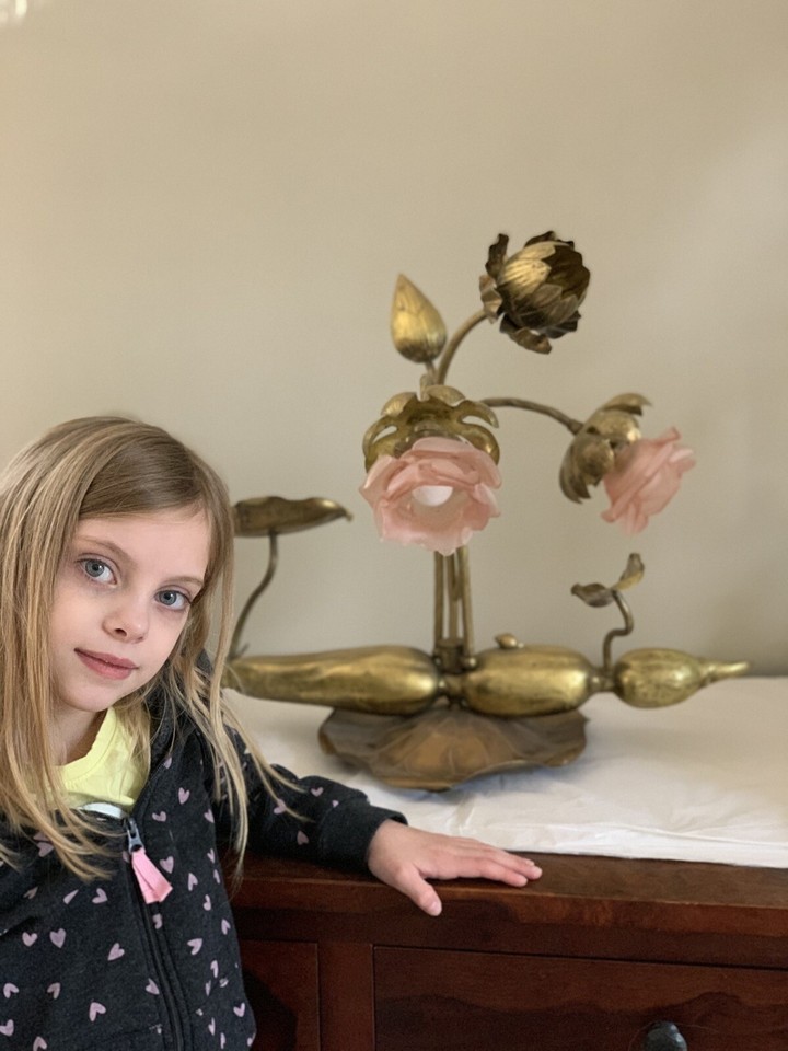 Carole Stupell Brass Figural Art Nouveau Lotus Table Lamp Chinoiserie ...