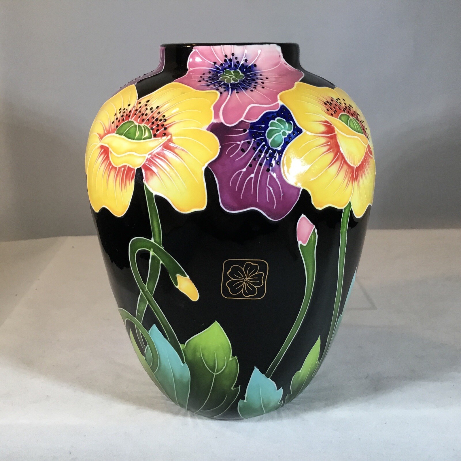 JEANETTE McCALL Blue Sky 7” Poppies Enameled VASE Icing on the Cake ...