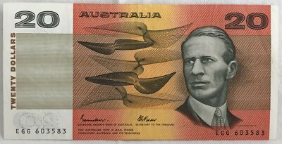 AUSTRALIA 1985 . 20 DOLLARS BANKNOTE . MISPRINT. WET INK TRANSFER AND ...