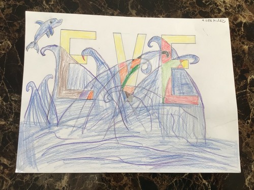 a picture with the word eve with waves and a dolphin and has a white ...