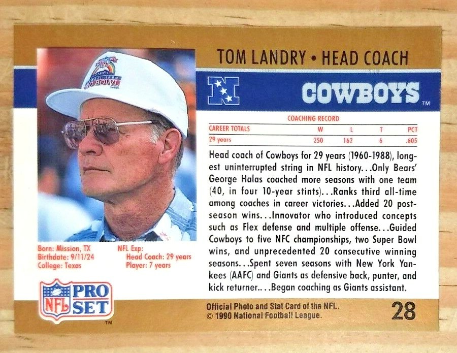 1990 PRO SET TOM LANDRY HALL OF FAME CARD#28 NR-MINT DALLAS COWBOYS | eBay