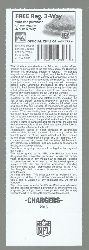 9/20/15 BENGALS VS CHARGERS TICKET STUB NM/MT PHILIP RIVERS 241 YARDS 2 ...