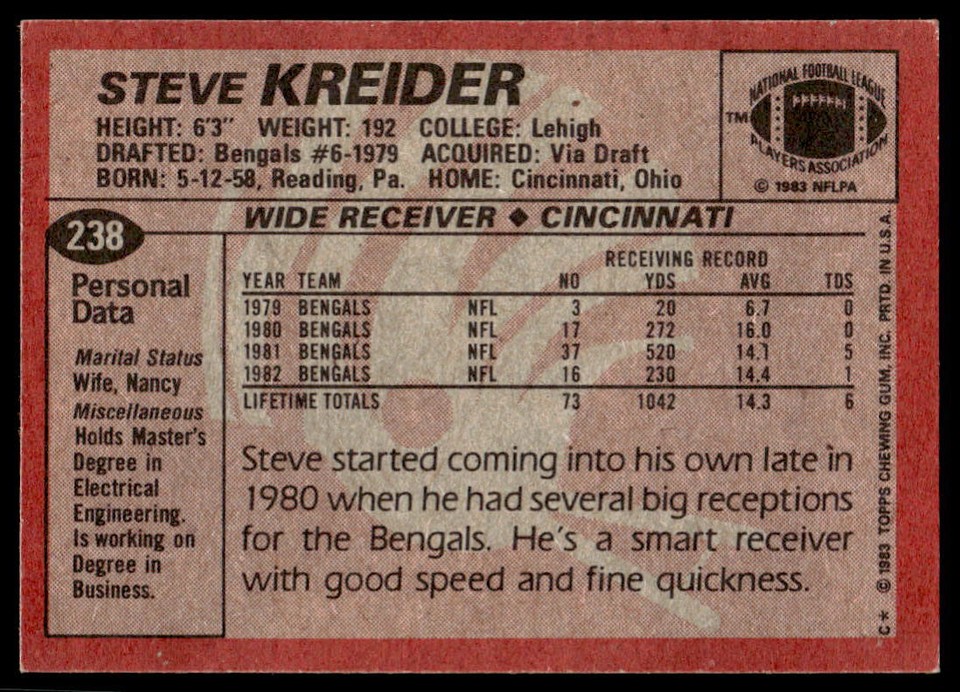 1983 Topps 238 Steve Kreider Cincinnati Bengals DP Football Card | eBay