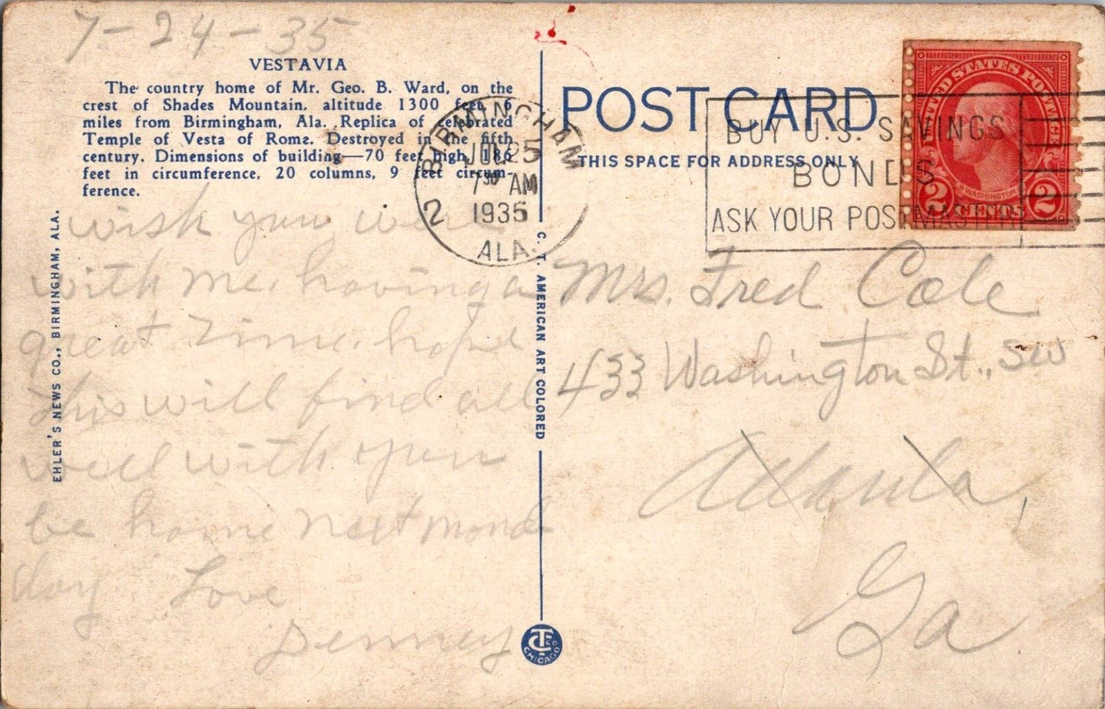 Postcard Vestavia Country Home George B. Ward Birmingham Alabama White ...
