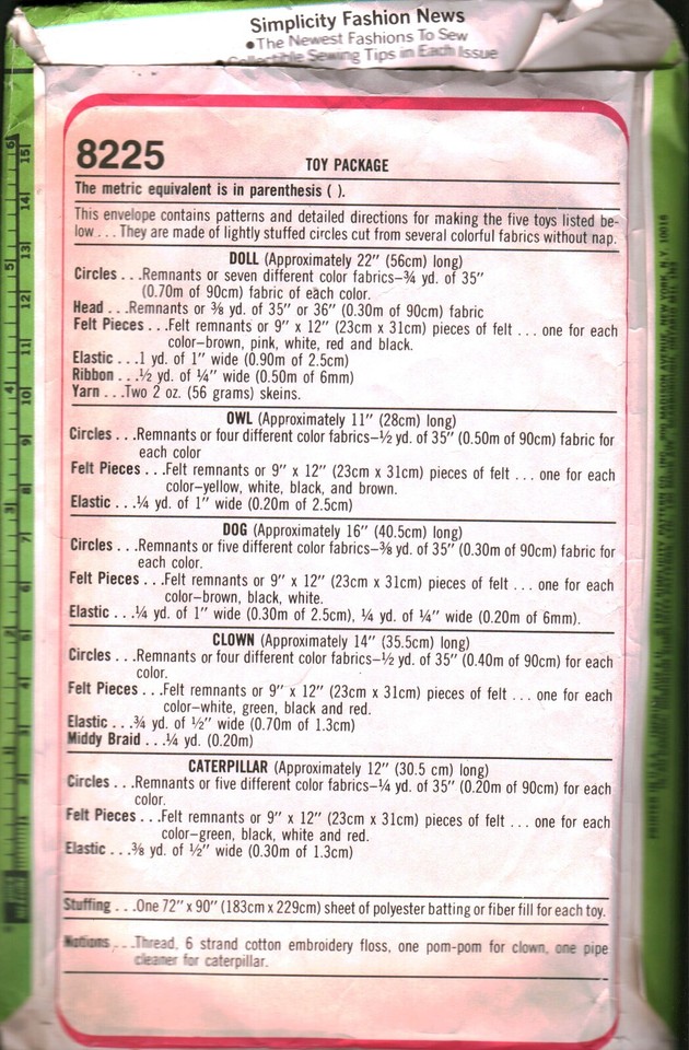 8225 Vintage Simplicity Sewing Pattern Stuffed Toy Package Doll Owl ...