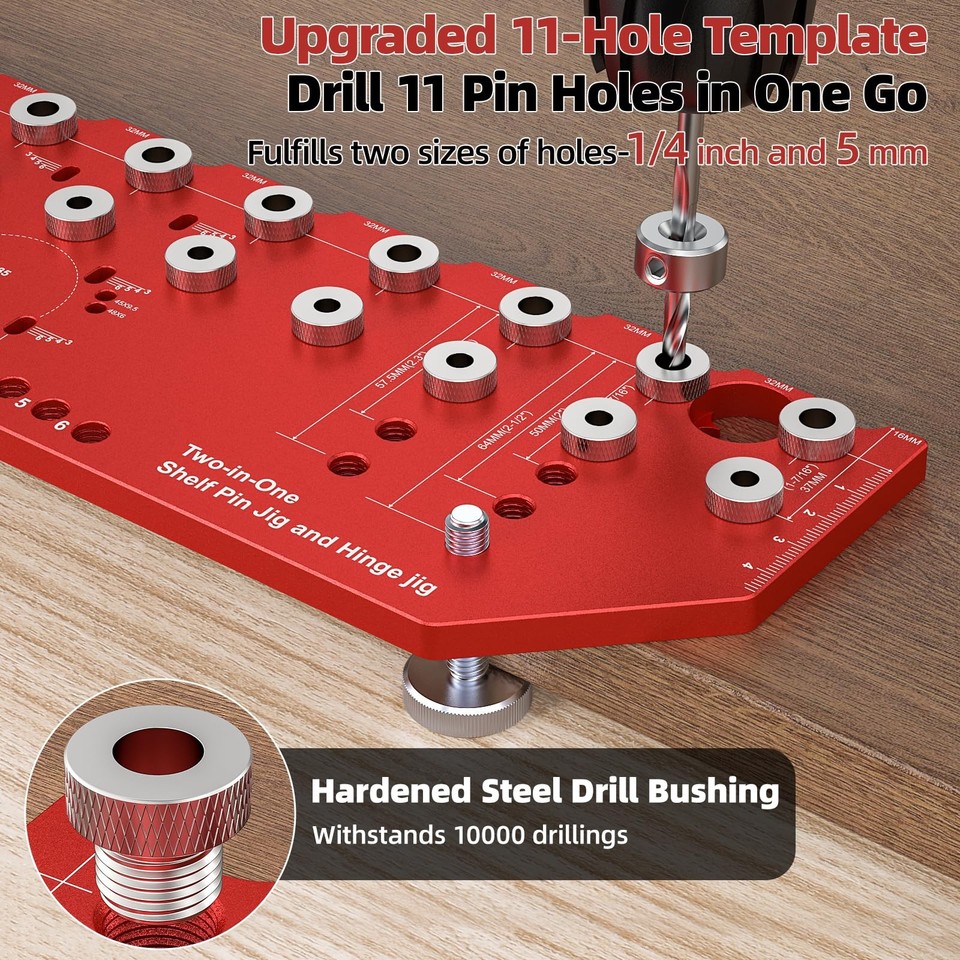11-Hole Shelf Pin Jig and Hinge Jig 2-in-1,1/4 Inch and 5mm Shelf Pin ...