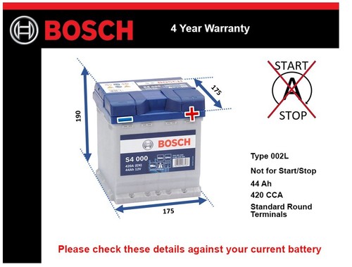 Car Battery S4000 Bosch 002L 420A 44Ah 4Yr 175x175x190 for sale online ...