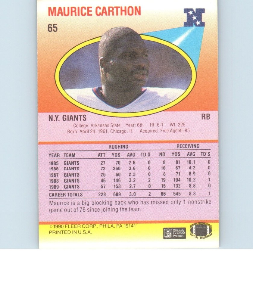Maurice Carthon 65 Giants 1990 Fleer NFL Football Trading Card | eBay
