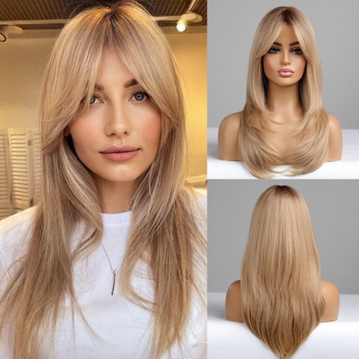 US Long Straight Ombré Light Blonde Synthetic Wigs with Bangs Hair 23 ...