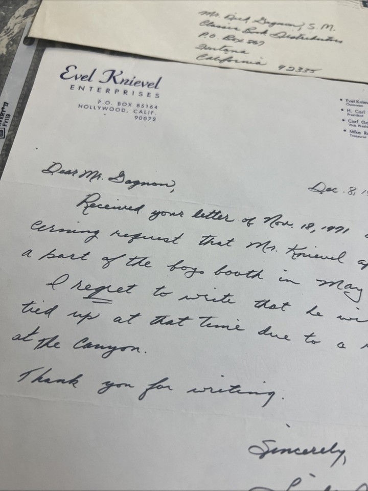 ORIGINAL HANDWRITTEN LETTER EVEL KNIEVEL LINDA SNAKE RIVER CANYON 1971 ...