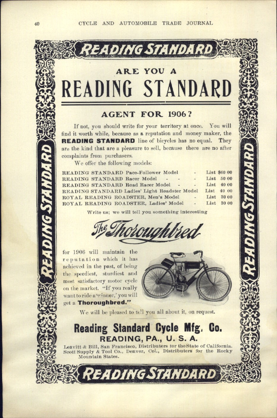 1905 PAPER AD CAR AUTO Reading Standard Motorcycle 1906 Roadster Racer ...