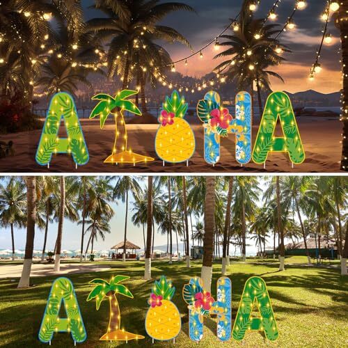 5 Pcs LED Tropical Aloha Yard Signs Light Up Hawaiian Outdoor Decor ...