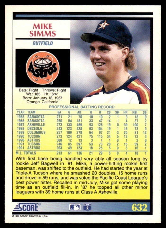 1992 Score Mike Simms Houston Astros #632 | eBay