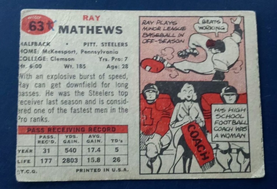 1957 Topps Ray Mathews Pittsburgh Steelers #63 | eBay