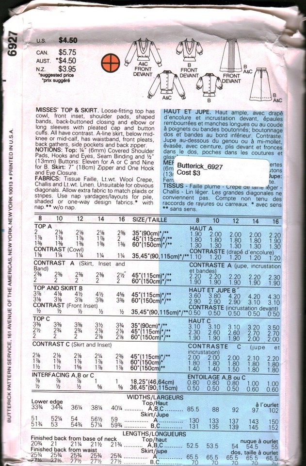 6927 Vintage Butterick Sewing Pattern 1980s Misses Loose Fitting Top ...