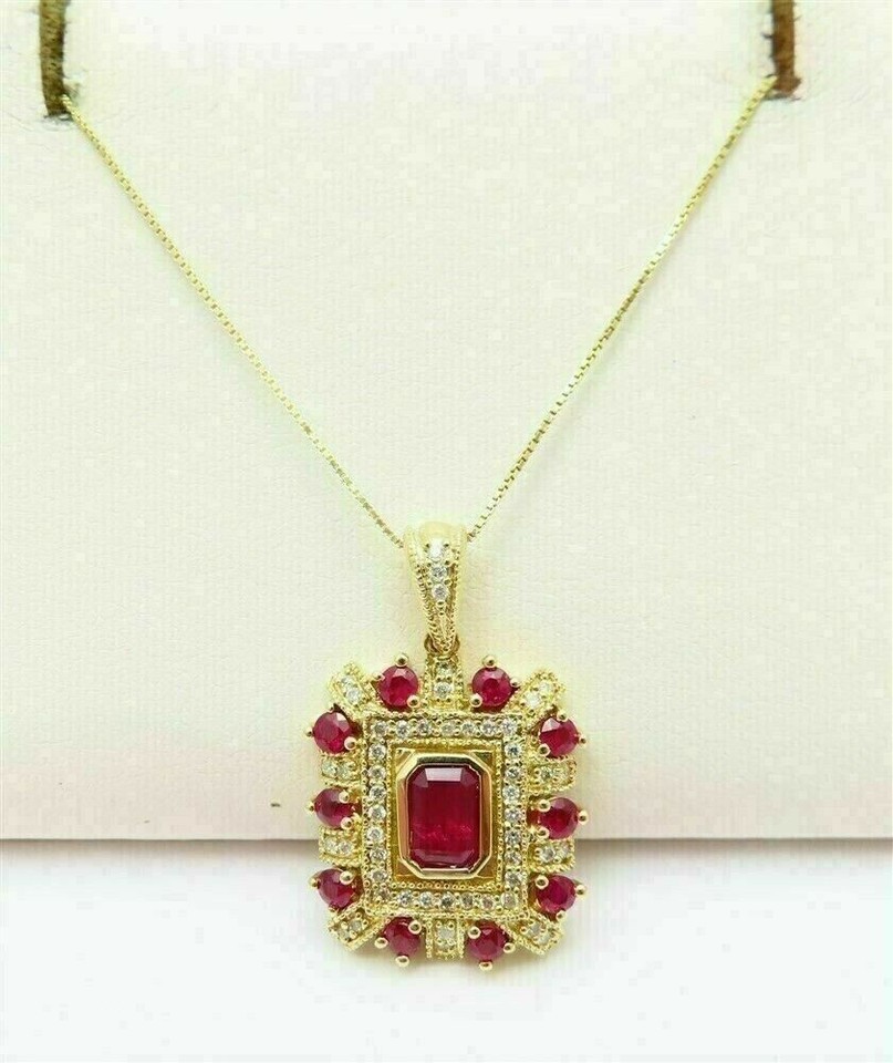 2.30Ct Emerald Cut Lab-Created Ruby Unique Halo Pendant 14K Yellow Gold ...