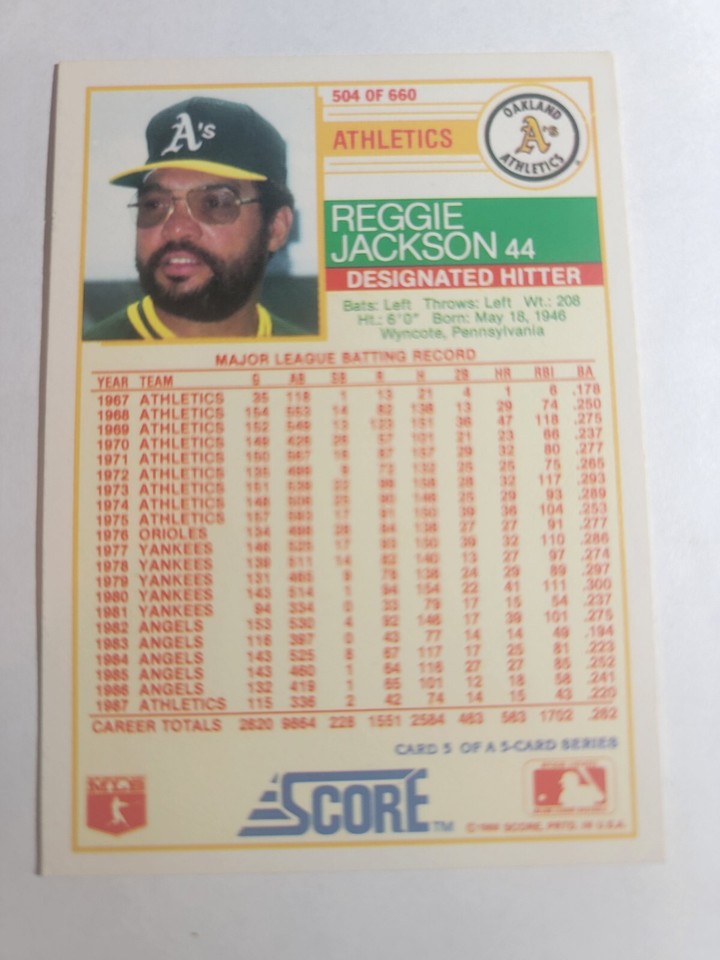 1988 Score #504 Salute To Reggie Jackson Oakland Athletics HOF | eBay