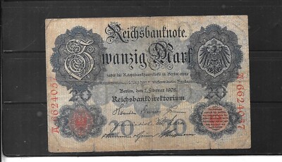 GERMANY #31 1908 VG USED 20 MARK OLD VINTAGE BANKNOTE PAPER MONEY ...