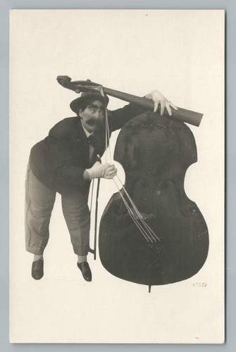 Fake Mustache Man & Upright BASS Strings RPPC Antique Music Instrument ...