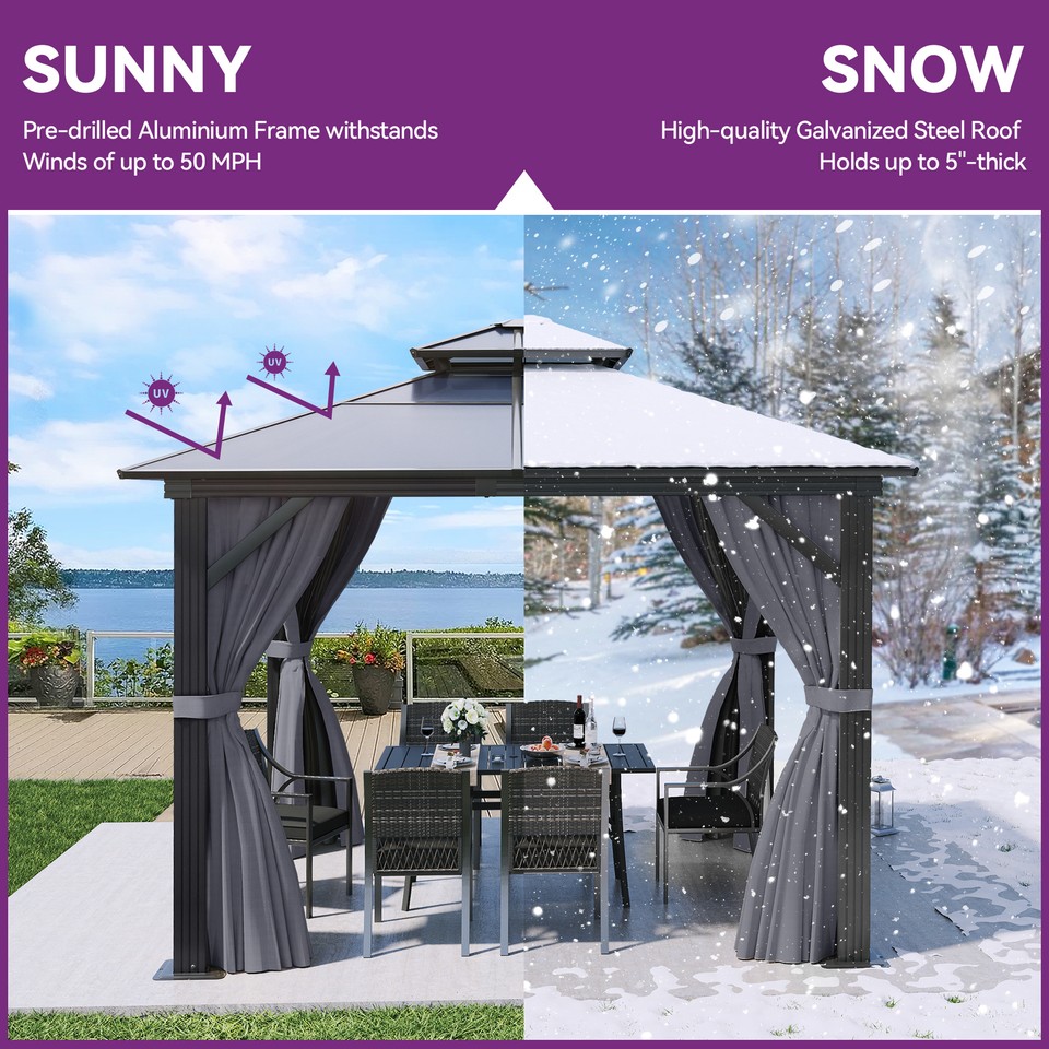 Hardtop Gazebo, Outdoor Canopy With Polycarbonate Double Roof for Patio ...