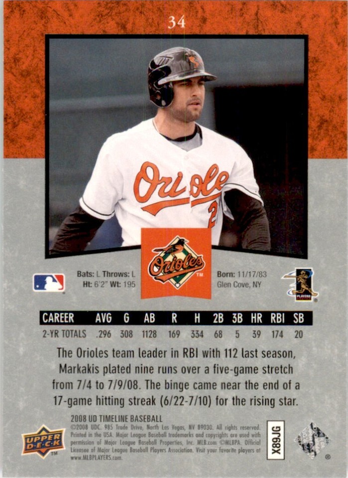 2008 Upper Deck Timeline Nick Markakis Baltimore Orioles #34 MLB ...
