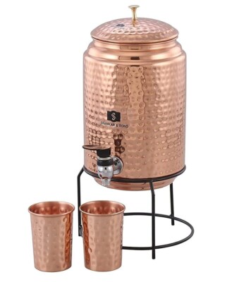 Copper Water Dispenser Matka Tank Pot 5 liter with 2 Glass , Iron Stand ...