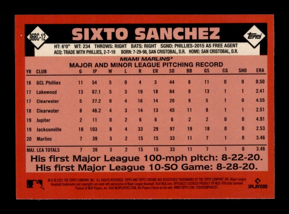 2021 Topps Chrome '86 #86BC12 Sixto Sanchez Rookie Card RC Marlins ...