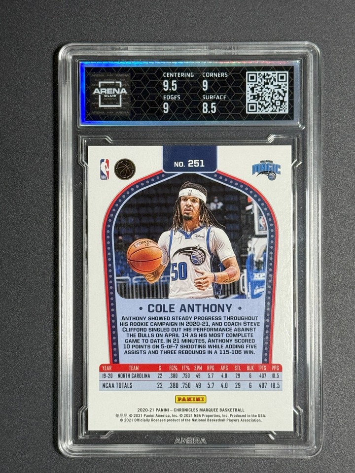 Cole Anthony - 2020 Panini Chronicles Purple - #/49 - Arena Club 9 ...