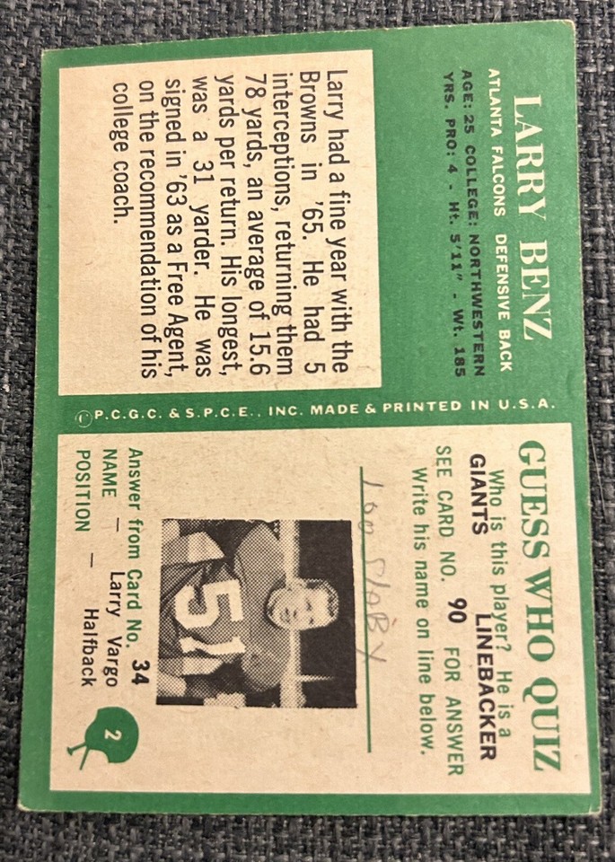 1966 Larry Benz Philadelphia Gum Hand Signed Auto Autograph Card ...