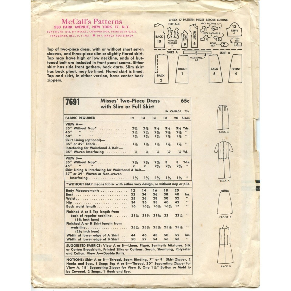 Vintage McCall's 7691 Misses' Two-Piece Dress Slim or Full Skirt Size ...