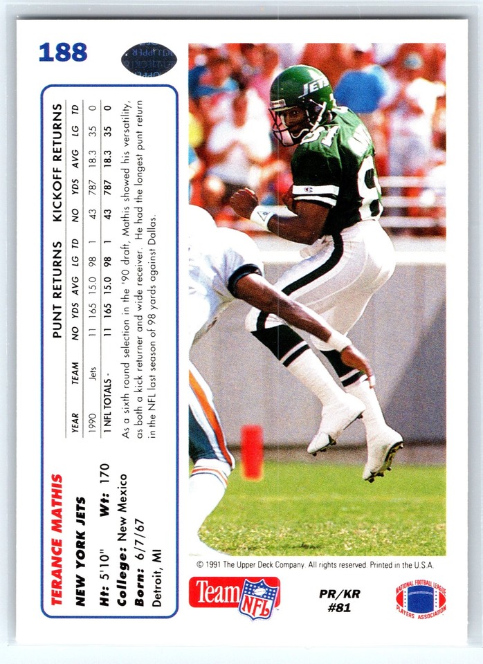 1991 Upper Deck #188 Terance Mathis Football New York Jets | eBay