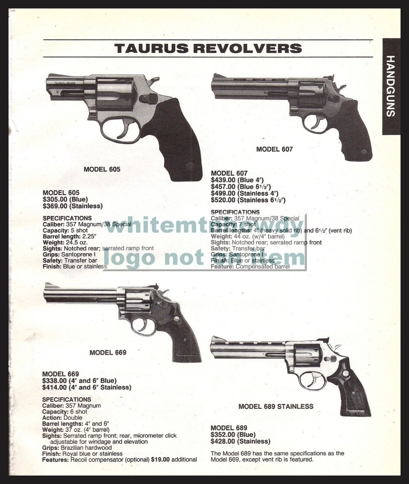 1996 TAURUS Model 605. 607. 663. 689 Revolver AD w/ specs, original ...
