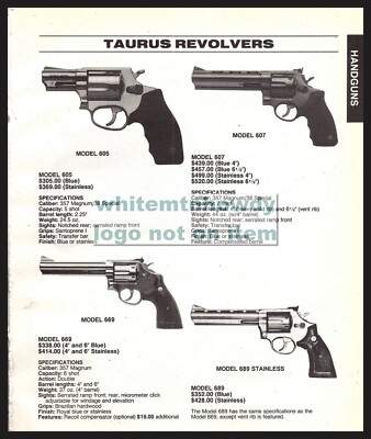 1996 TAURUS Model 605. 607. 663. 689 Revolver AD w/ specs, original ...