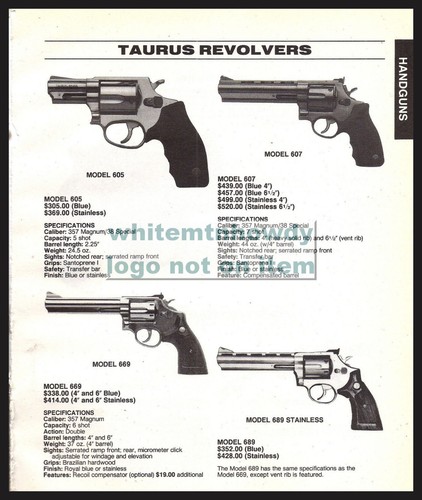 1996 TAURUS Model 605. 607. 663. 689 Revolver AD w/ specs, original ...