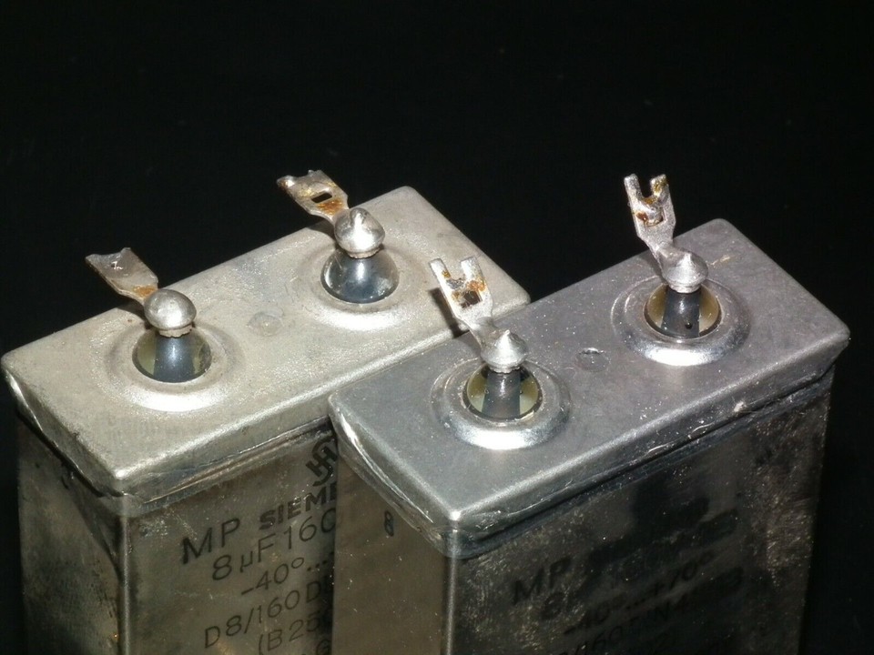 Two vintage Siemens PIO capacitors 8 uF 160V Klangfilm tube audio Glass ...
