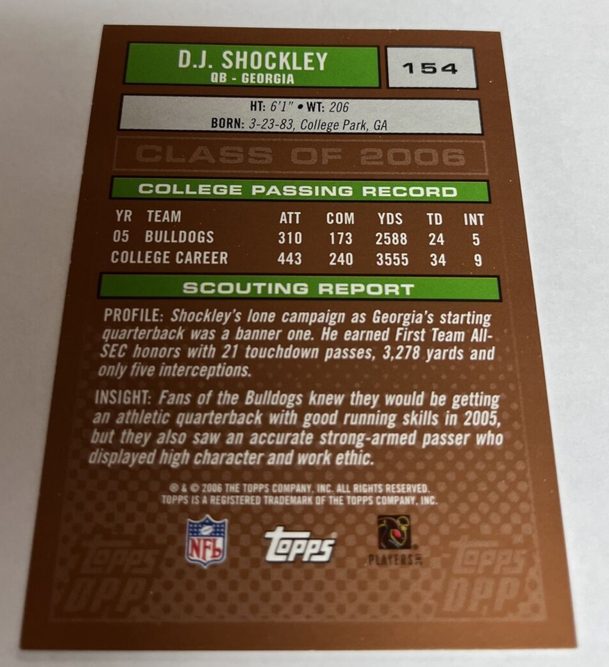 2006 Topps Draft Picks & Prospects RC #154 D.J. Shockley (Atlanta ...