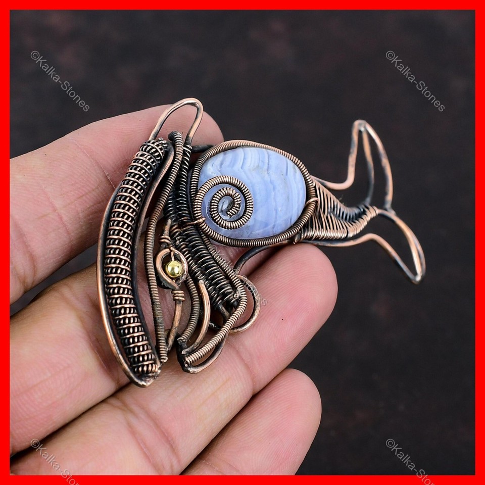Copper Oval Natural Blue Lace Agate Wire Wrapped Fish Artisan Pendant ...