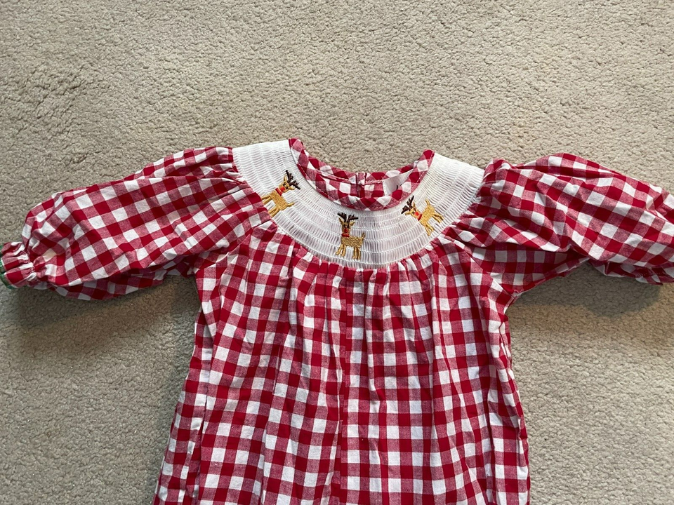 Marie Nicole Girls Size 0-3M Red Chech Romper Reindeer Smocking Pre ...