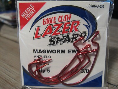 5 Eagle Claw Lazer Sharp Fish Hooks Red Magworm Extra Wide Gap Size 3/0 ...