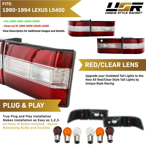 4PCS DEPO JDM Style Red Clear Tail Lights For 1991-1994 Lexus LS400 ...