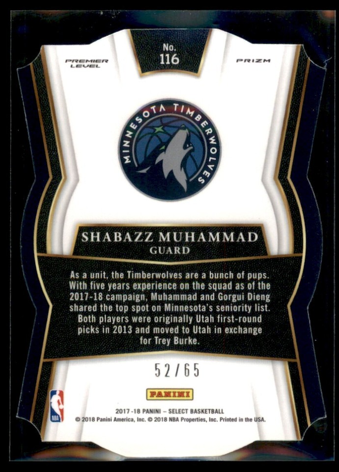 2017-18 Select Neon Green Die Cut Shabazz Muhammad Timberwolves #116 52 ...