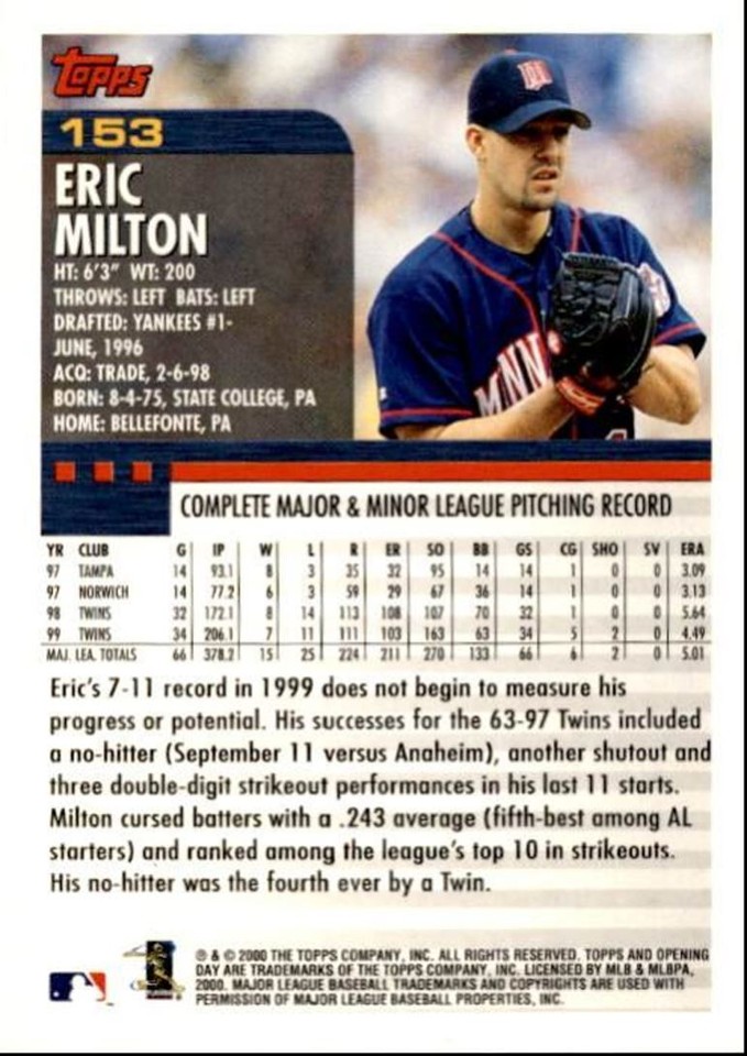 2000 Topps Opening Day Eric Milton Minnesota Twins #153 | eBay
