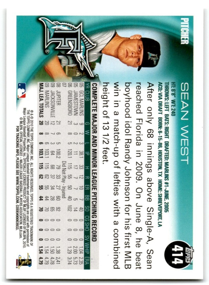 2010 Topps Sean West Florida Marlins #414 | eBay