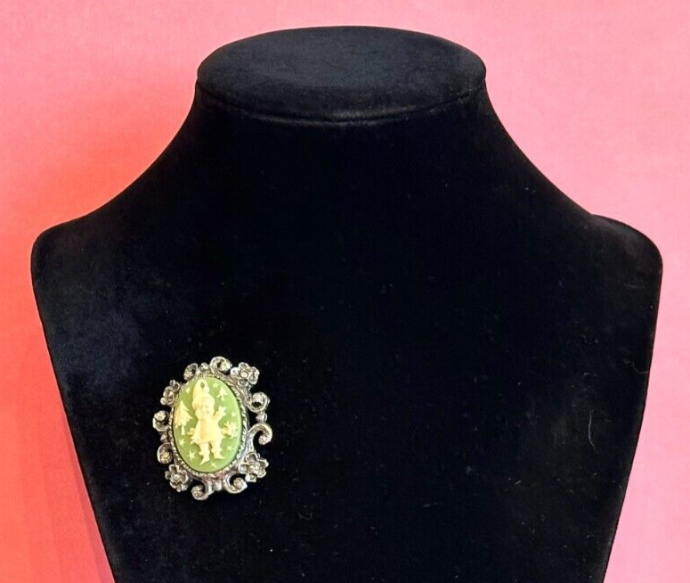 Silver Tone Frame Green Cameo With Ivory Elf Cameo Brooch Vintage | eBay