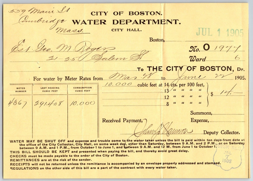 City of Boston Water Department City Hall Billhead 1905 Geo. M. Rogers ...