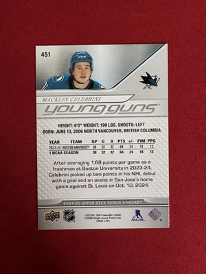 Macklin Celebrini Young Guns #451 | 2024-25 Upper Deck