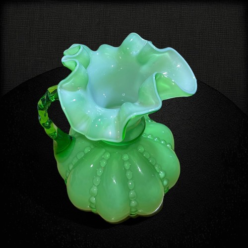 6” FENTON Glass Pitcher Vase Beaded Melon Green Overlay Vintage ...