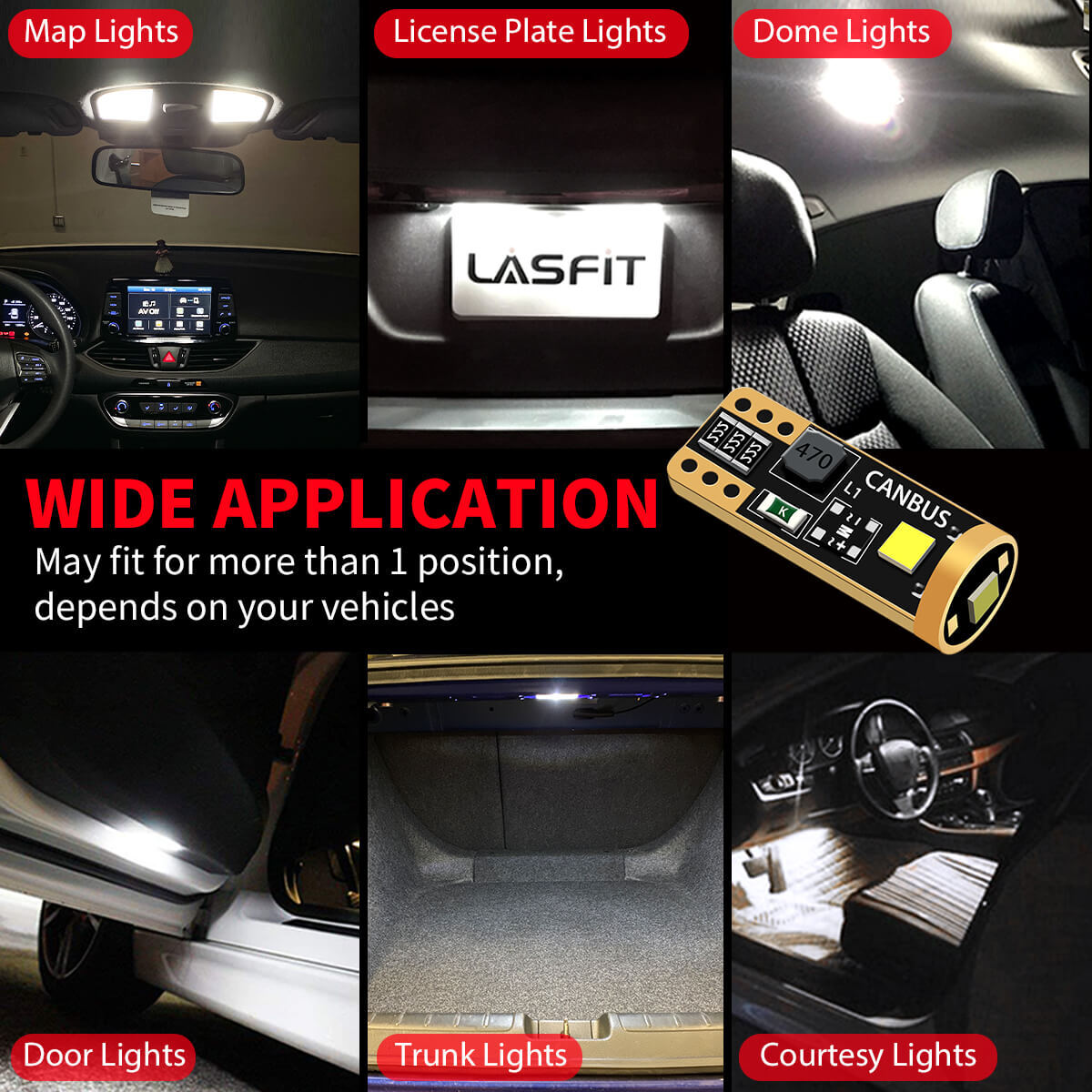 Lasfit T10 LED License Plate Light Bulbs 6000K Bright White 168 2825 ...